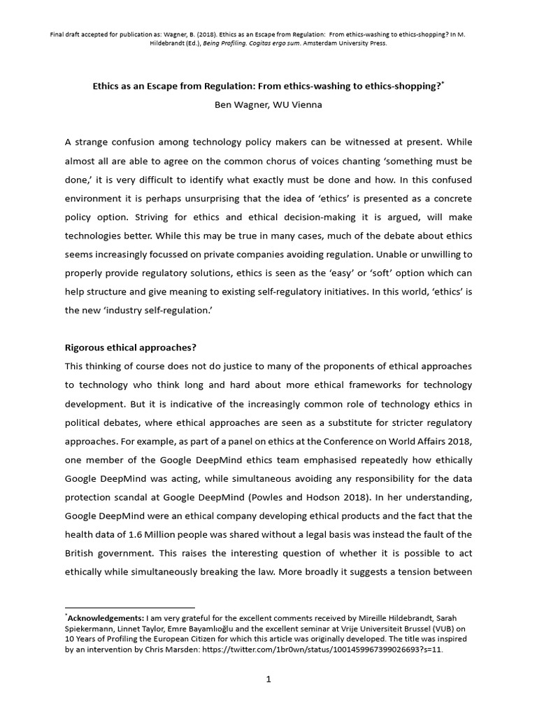 Ethics As An Escape From Regulation | PDF
