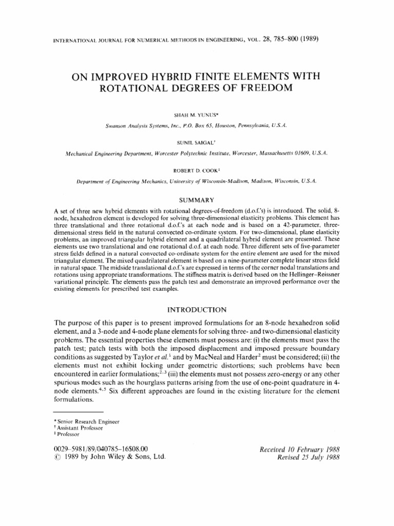 Numerical Meth Engineering - April 1989 - Yunus - On Improved Hybrid Finite Elements With ...
