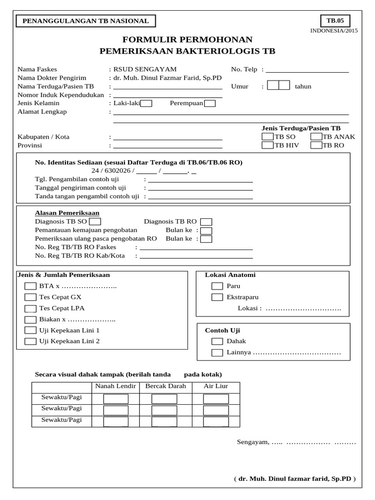 TB.05 (Formulir Permohonan Pemeriksaan Bakteriologis TB) | PDF