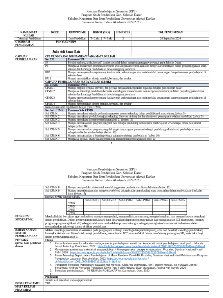 20 RPS TEKNOLOGI PENDIDIKAN - OBE-SMT GENAP 2022-1 Lovandri | PDF
