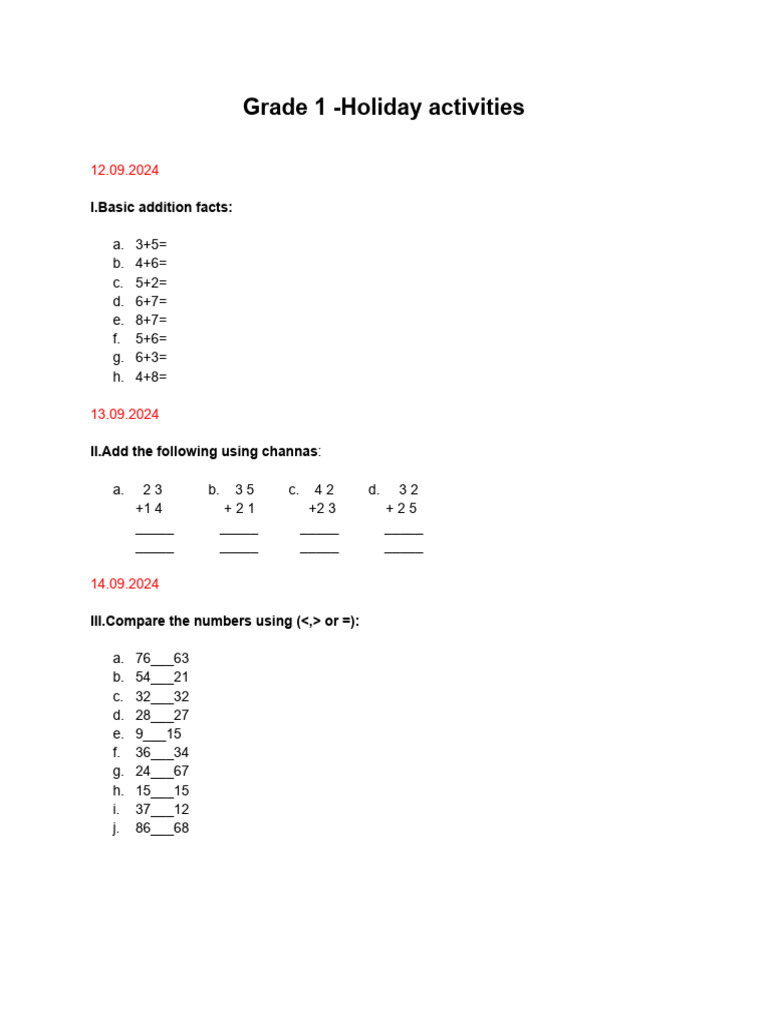 Grade 1 - Math Holiday Assignment | PDF