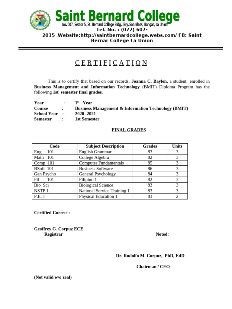 Cert of Grades Baylen | PDF