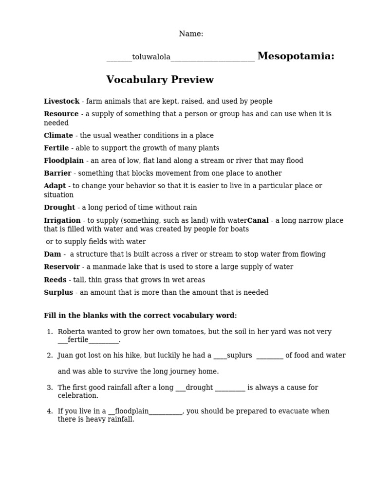 Mesopotamia Pre-Vocab Worksheet | PDF | Rain | Water
