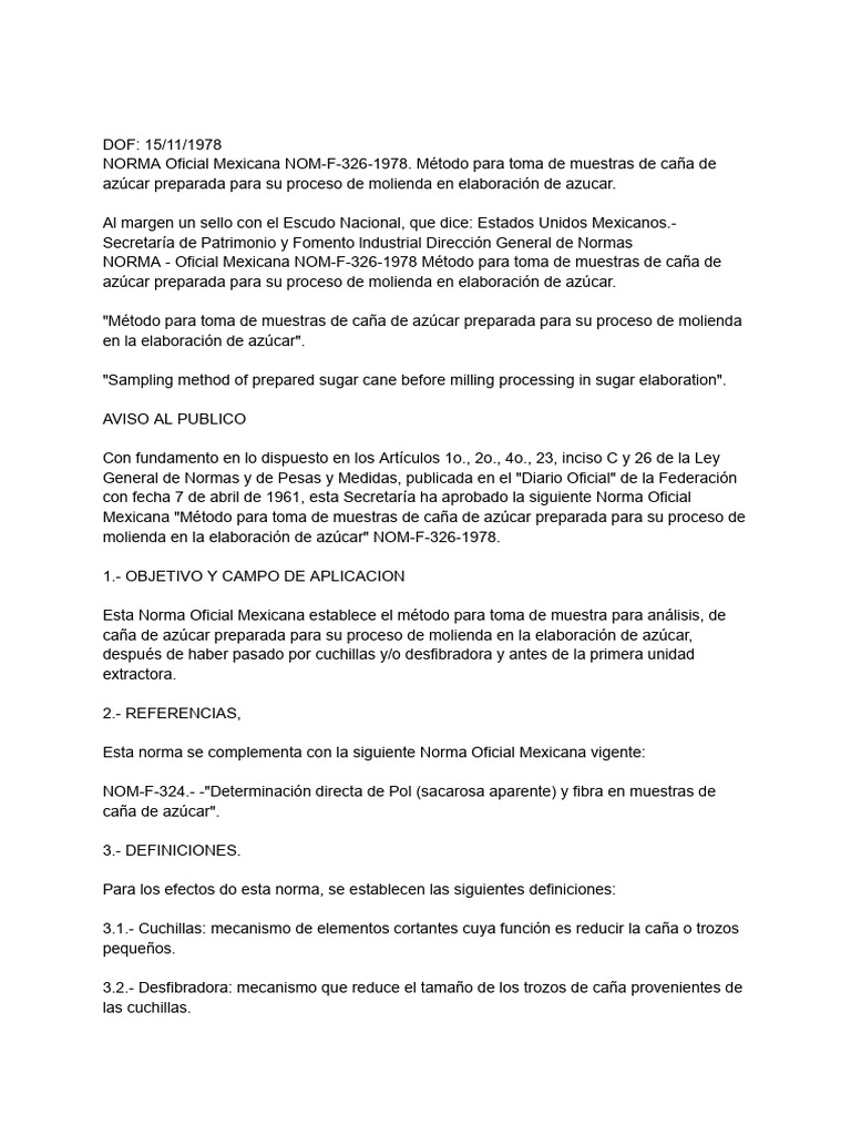 NORMA Oficial Mexicana NOM-F-326-1978. Método para Toma de Muestras de ...