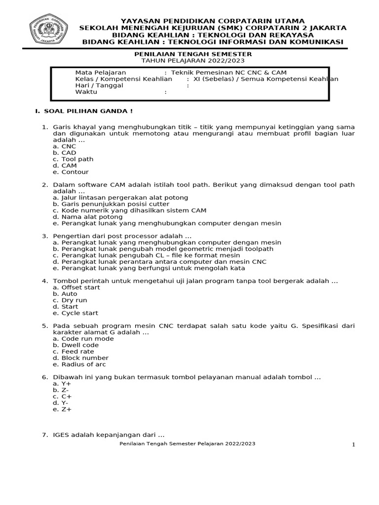 PTS CNC kelas 11 TP | PDF