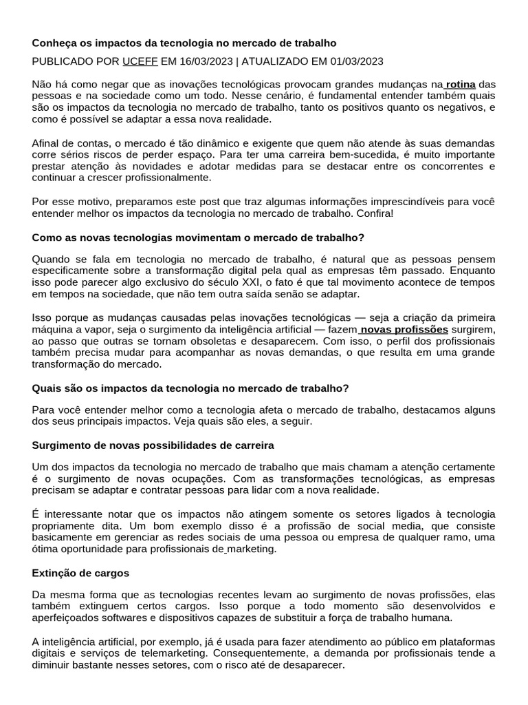 Conheça Os Impactos Da Tecnologia No Mercado de Trabalho - TEMA 01 | PDF