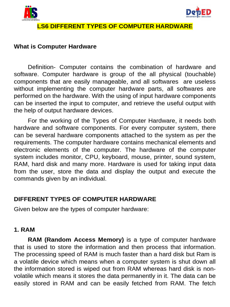 LS6 DIFFERENT TYPES OF COMPUTER HARDWARE | PDF