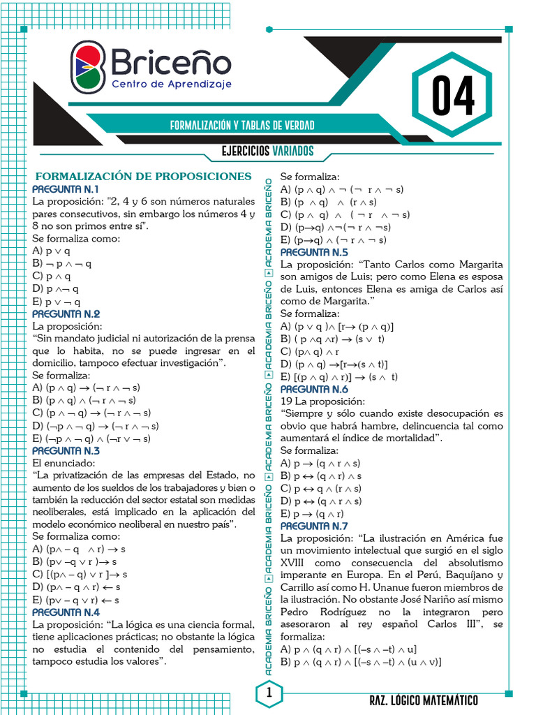 Raz. Lógico - Formalización y Tablas de Verdad | PDF