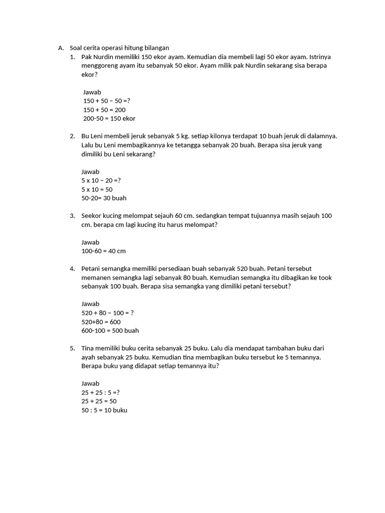 Soal Cerita Operasi Hitung Bilangan | PDF