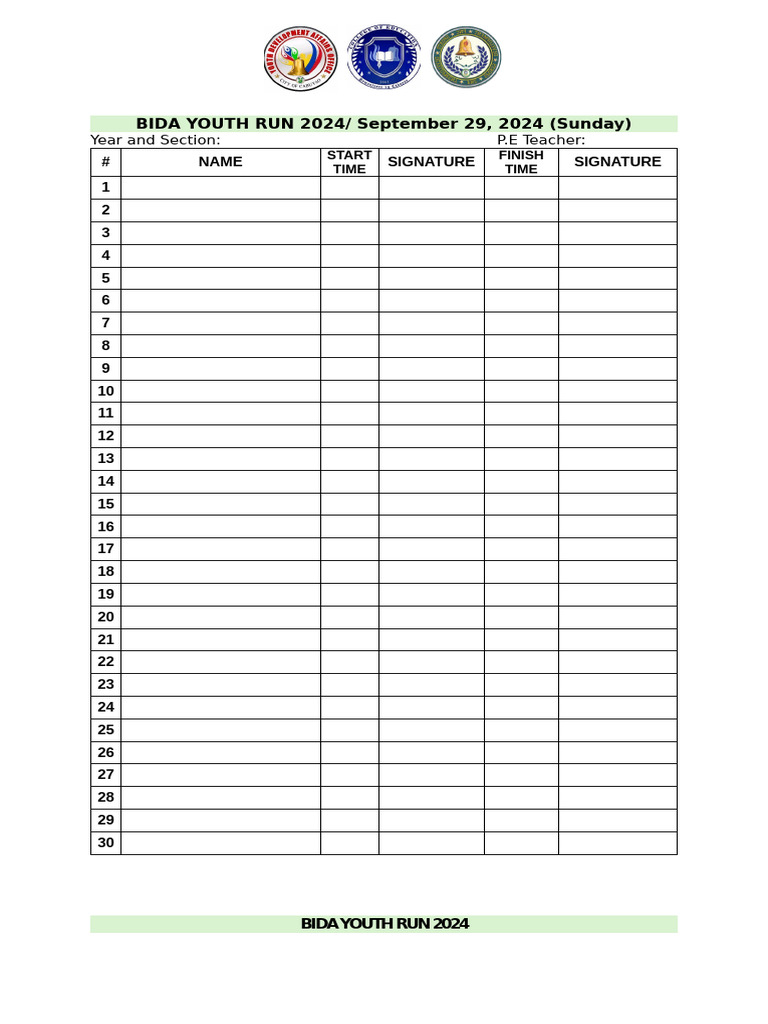 BIDA YOUTH RUN 2024 Attendance Sheet | PDF
