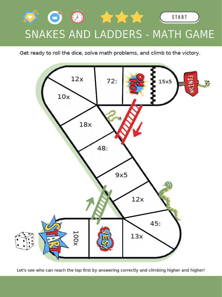 Multiplication Snakes and Ladders Math Game Worksheet in Colorful ...