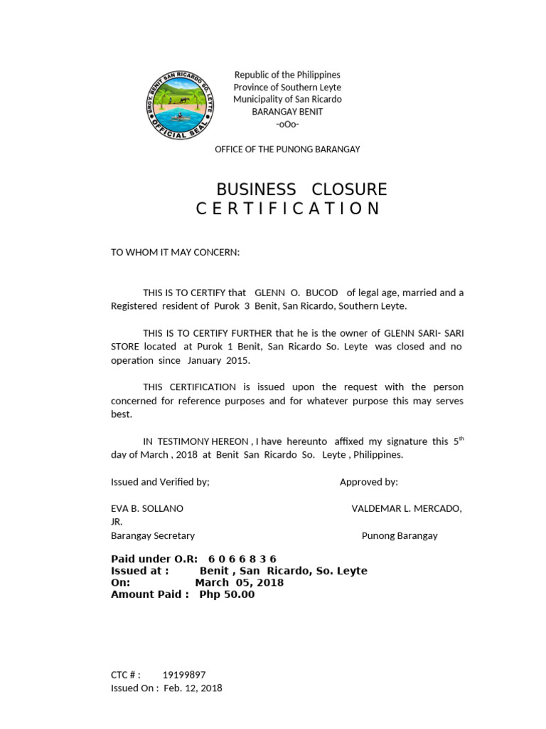 Business Closure Glenn Bucod | PDF