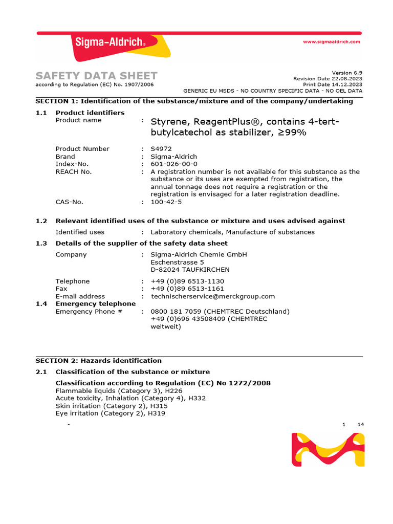 Safety Data Sheet: Styrene, Reagentplus®, Contains 4-Tert-Butylcatechol As Stabilizer, 99% | PDF