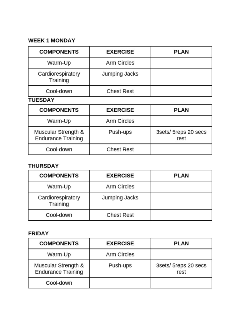Week 1 Monday Components Exercise Plan | PDF