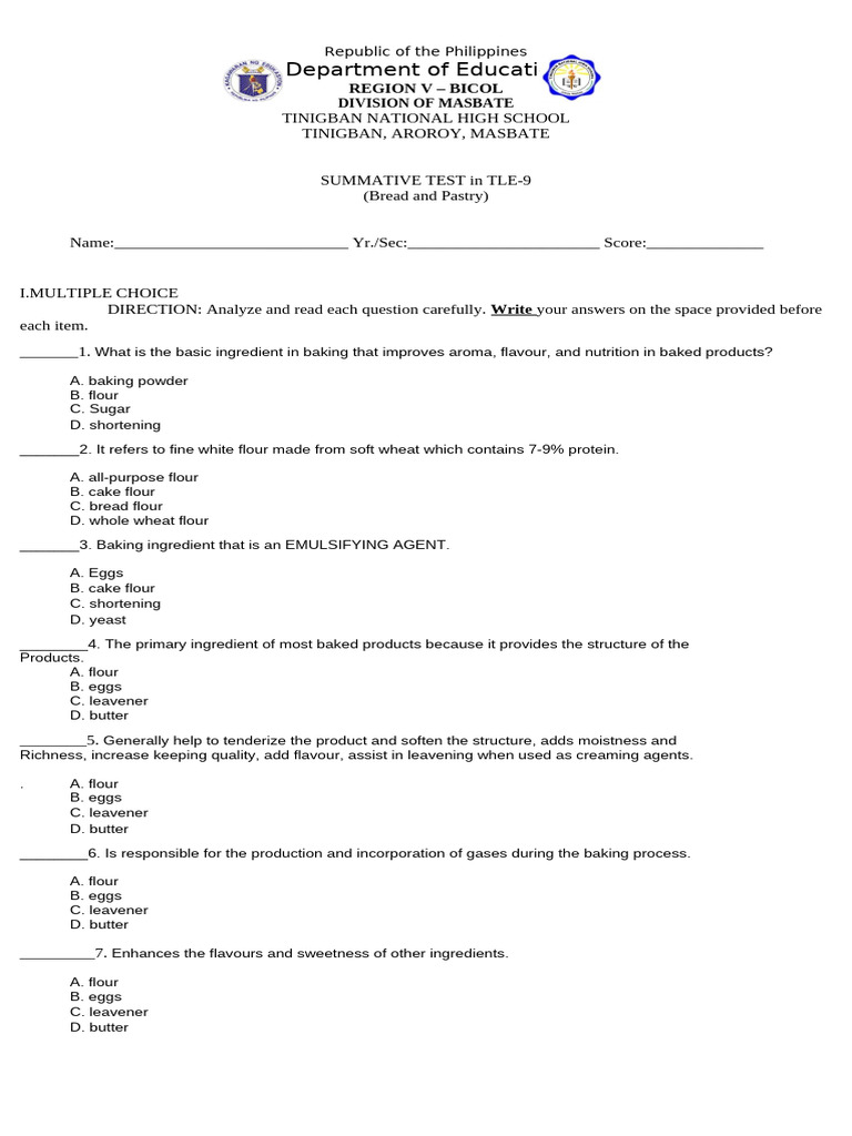 First QUARTER Summative Test in TLE 9 (BPP) | PDF