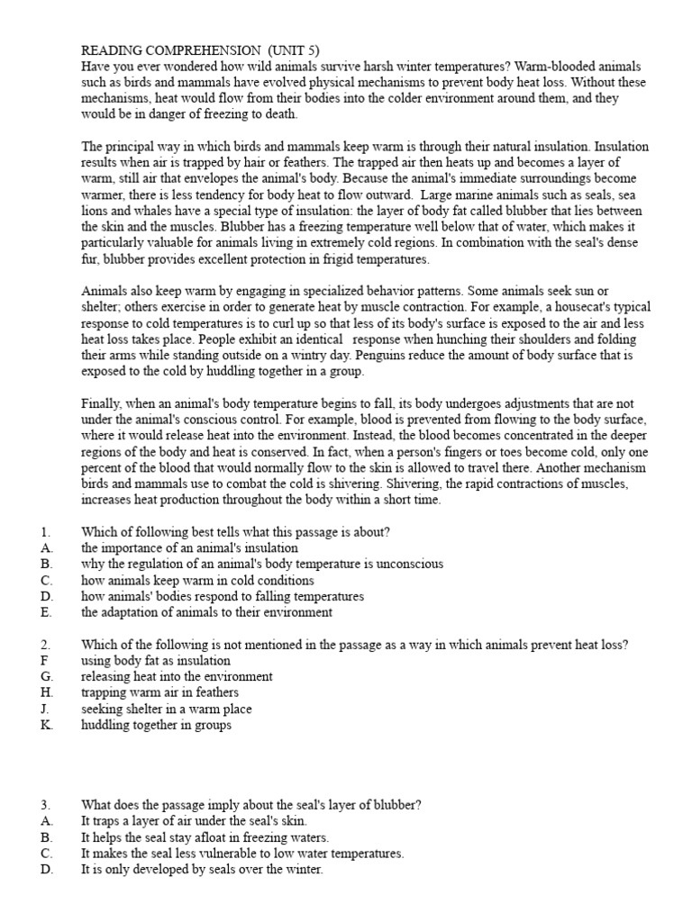 Reading Unit 5 Questions 1 - 30 (5 Stories) | PDF