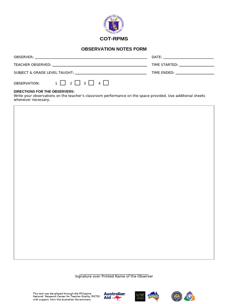 COT-RPMS Observation Notes Form | PDF