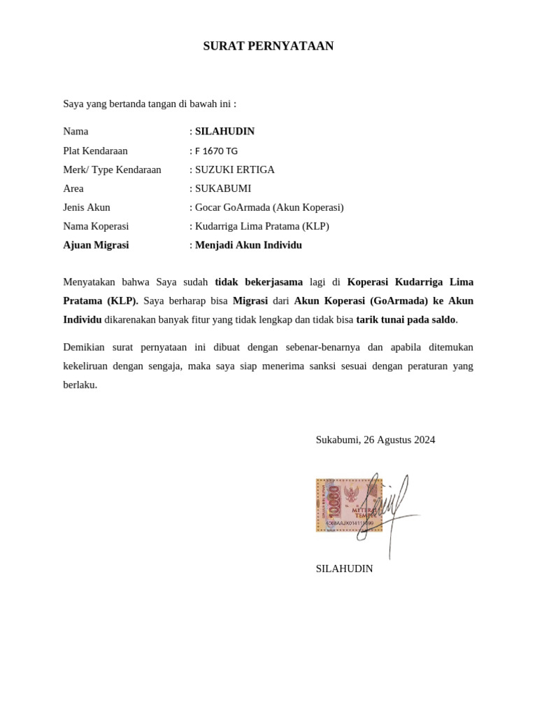 Surat Pernyataan dan Pengajuan Migrasi Silahudin | PDF