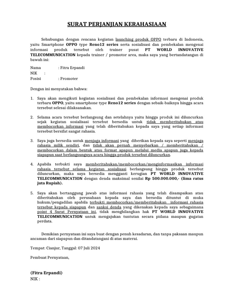 Confidential Agreement (Surat Perjanjian Kerahasiaan) Reno12 | PDF