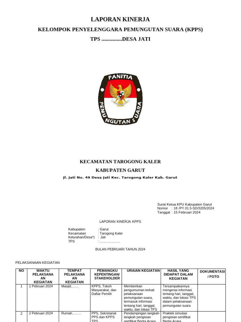 Laporan Kinerja KPPS Dan Linmas Desa Jati Pemilu 2024 | PDF
