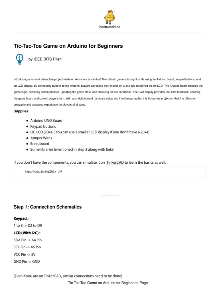 Tic Tac Toe Game On Arduino For Beginners | PDF