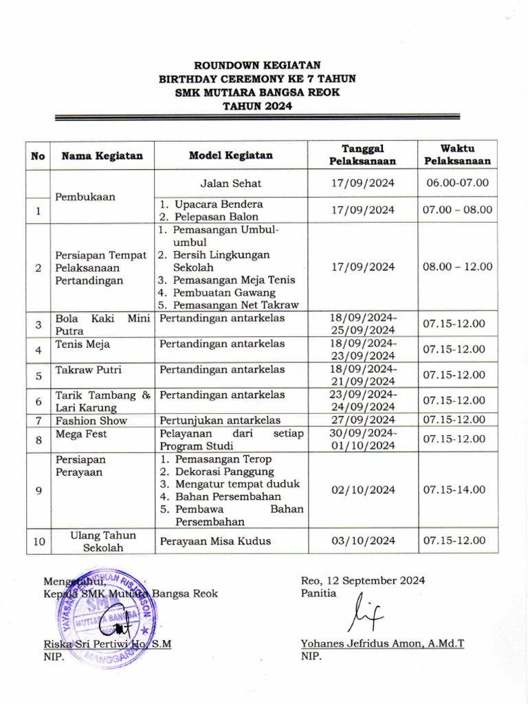 Roundown Kegiatan Hut SMK 7 Tahun 2024 | PDF