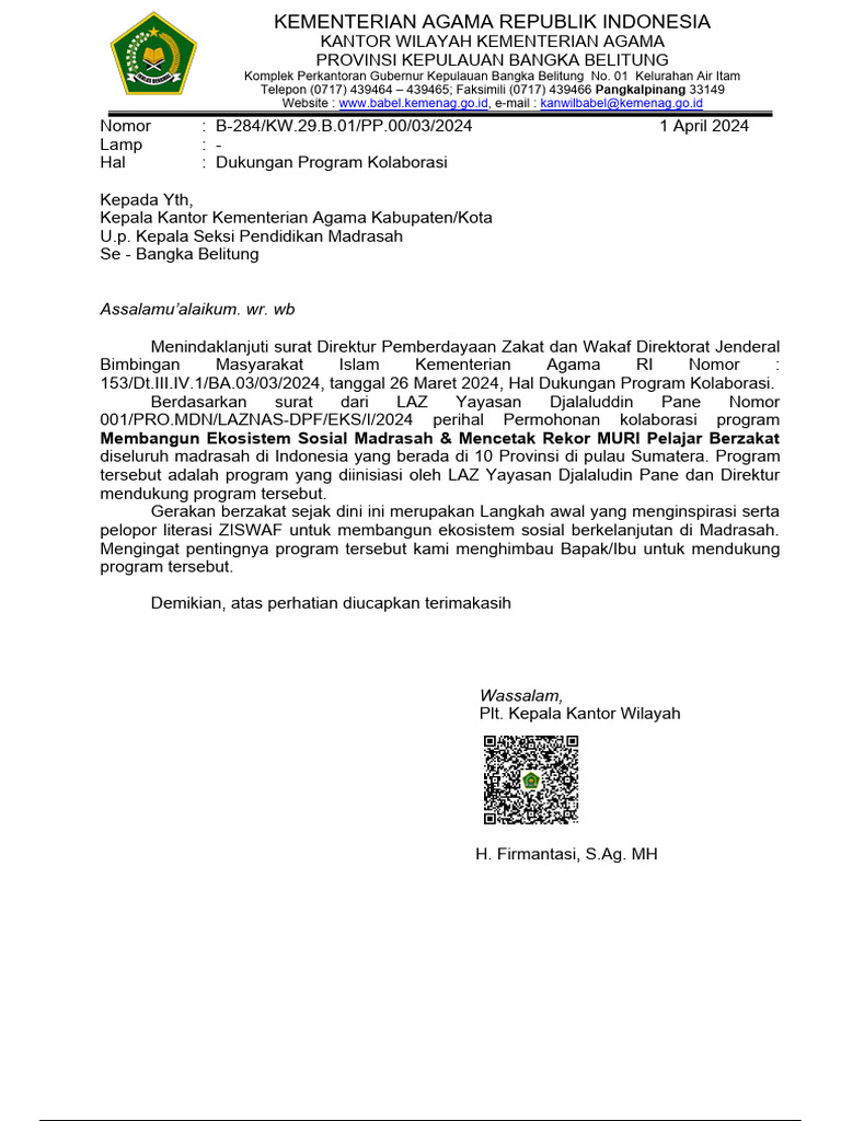 Surat Dukungan Program Kolaborasi LAZ | PDF