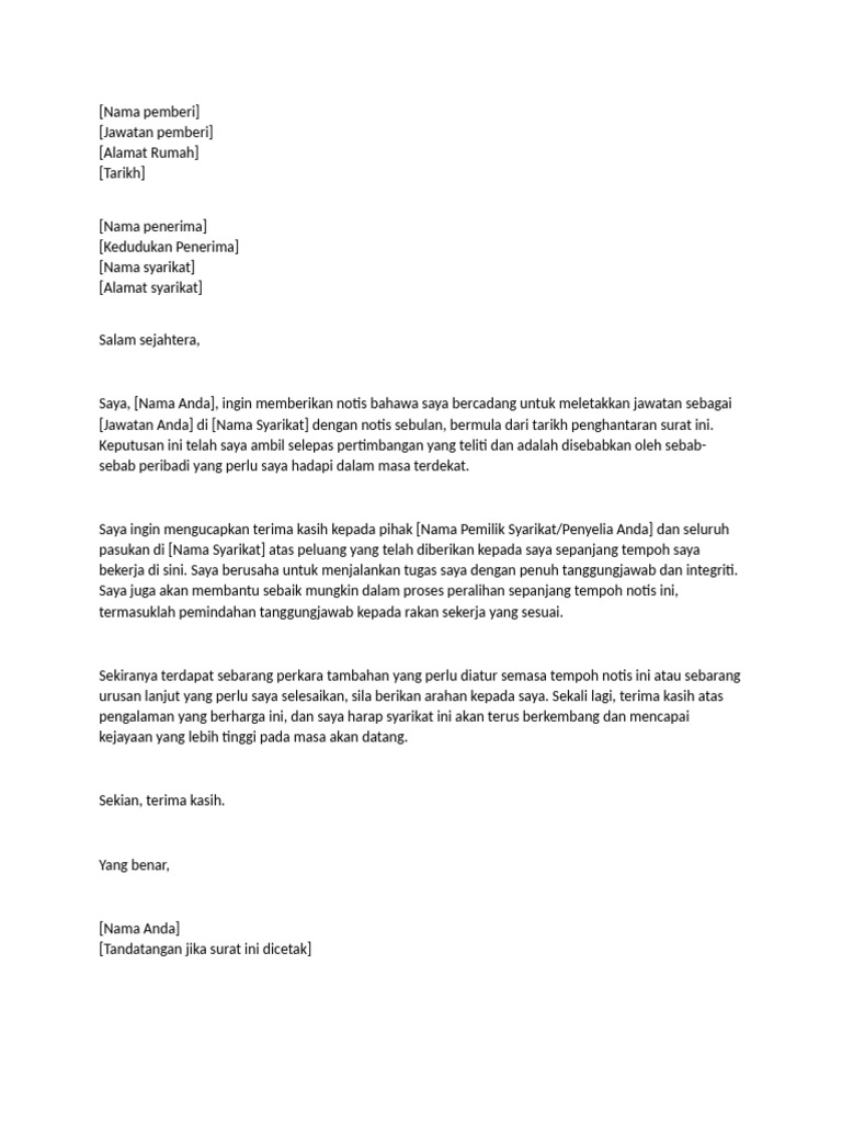 Contoh Surat Berhenti Kerja Sebulan Notis | PDF