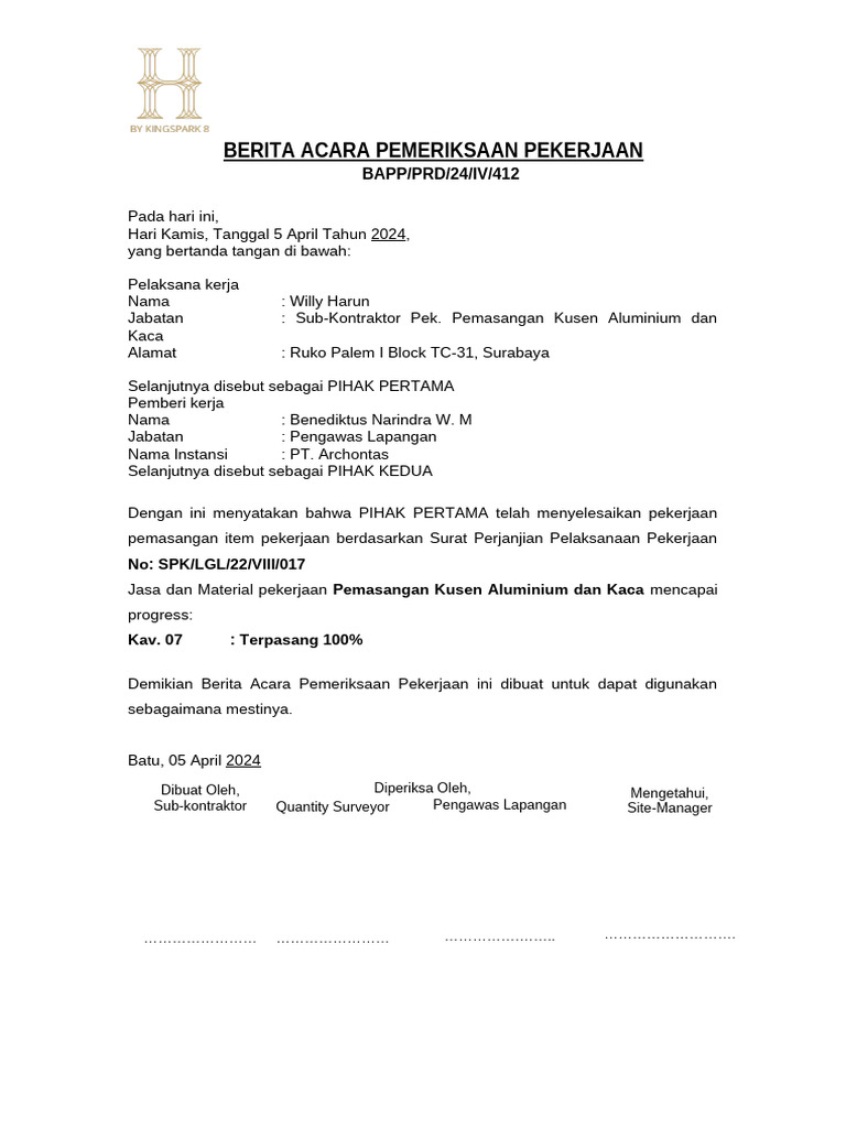 BAPP Jasa 412 2024.2.7 - BAPP 100% - Subkon Alumunium | PDF