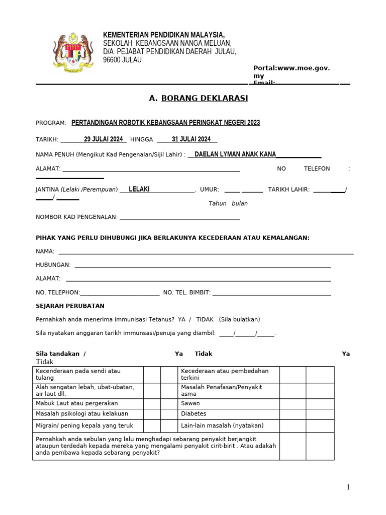 Borang Deklarasi Murid 2024 Lyman Pdf