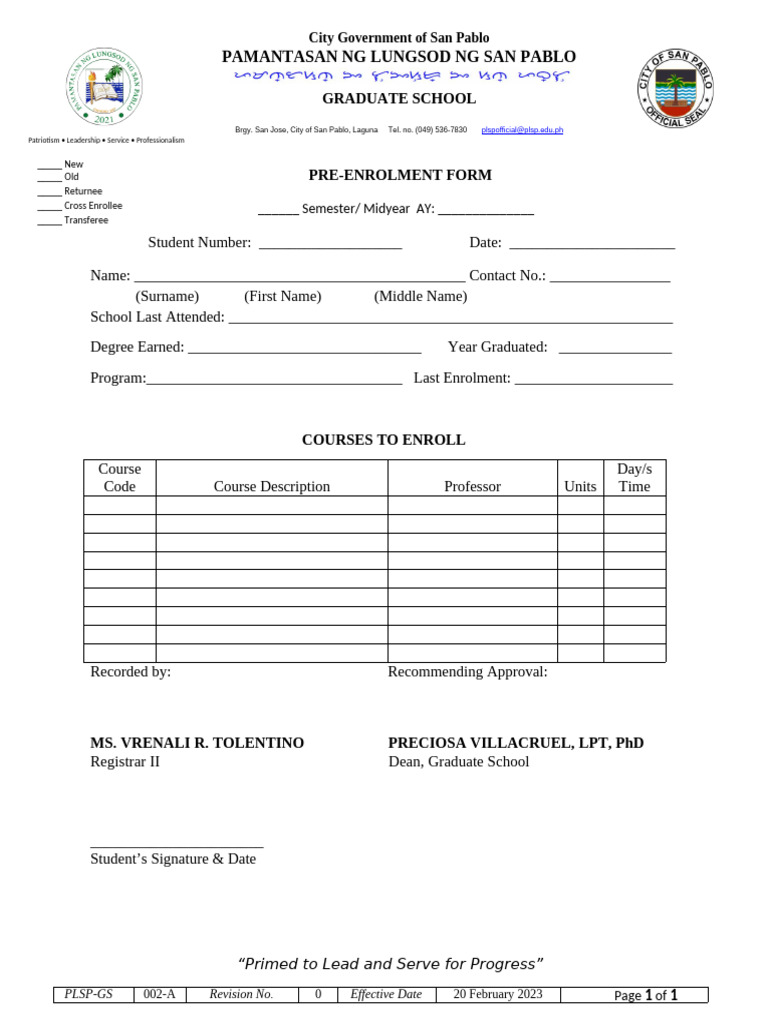 002-A Pre-Registration Form | PDF