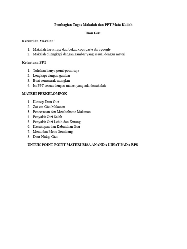 Pembagian Tugas Makalah Dan PPT Mata Kuliah Ilmu Gizi | PDF