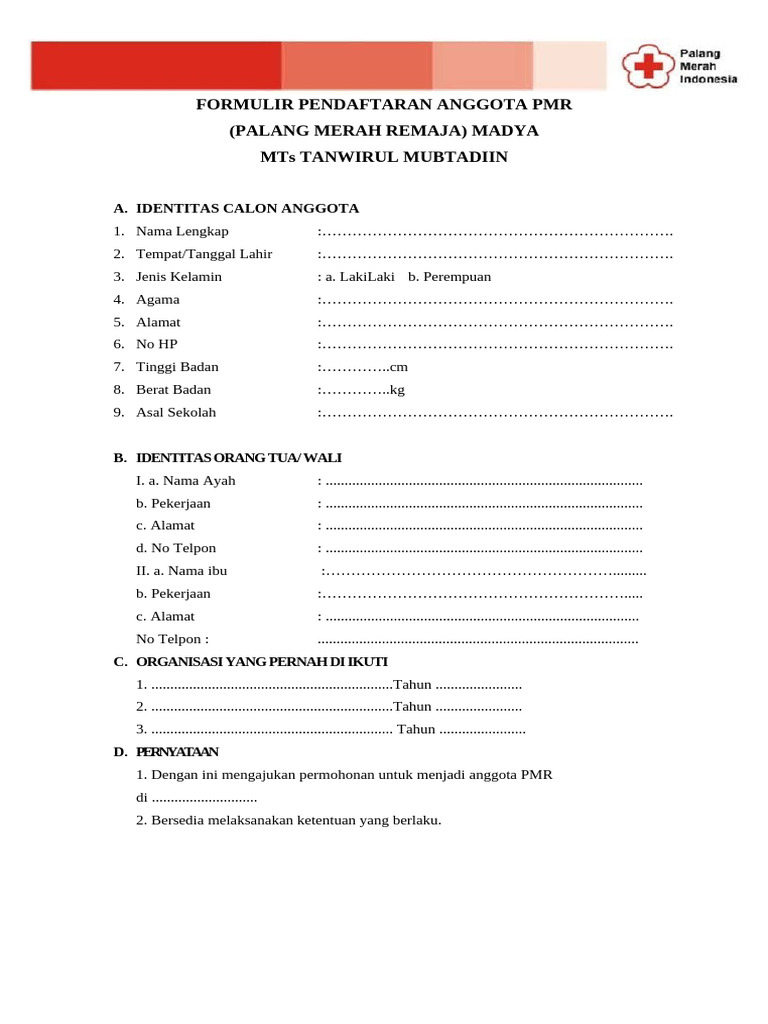 Formulir Pendaftaran Anggota PMR Madya | PDF