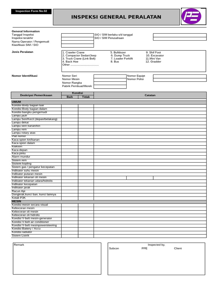019 Form Inspeksi General Peralatan | PDF