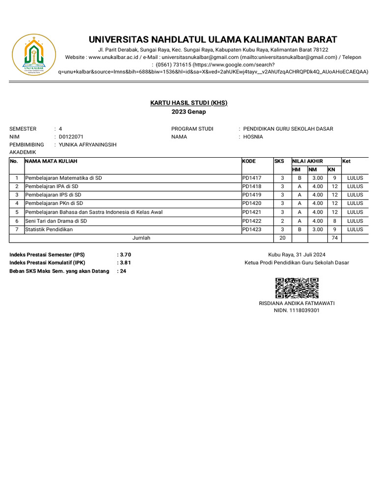 KARTU HASIL STUDI (KHS) (1) | PDF