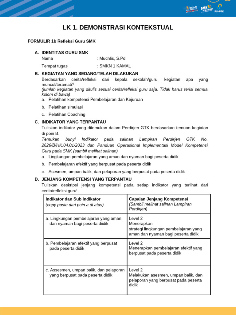 LK1. DK - Formulir 1 - Refleksi Guru | PDF