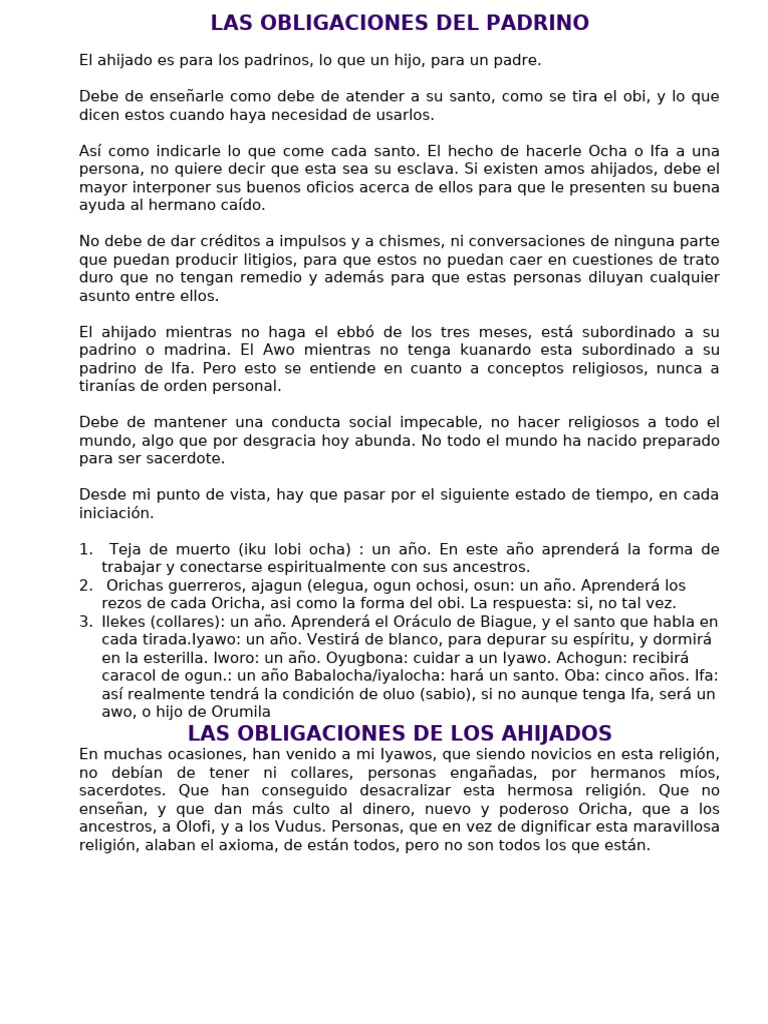 Obligaciones Del Padrino y Del Ahijado | PDF | Religión étnica | Santeria