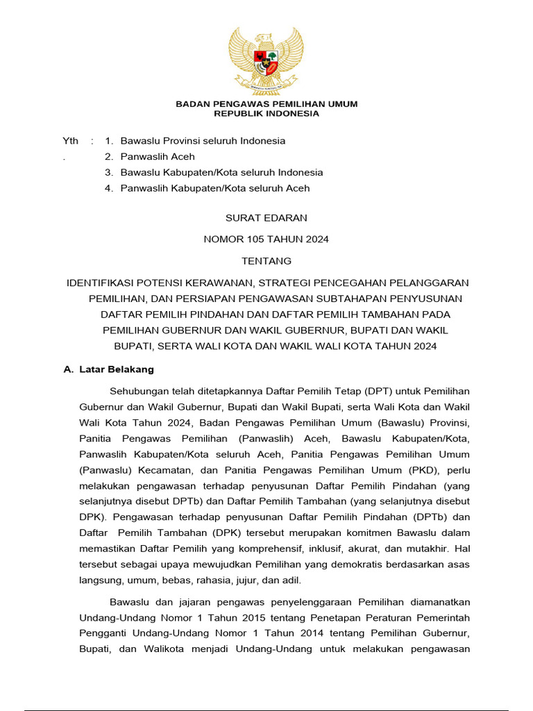 SE 105-2024 - Pencegahan Dan Persiapan Pengawasan Penyusunan DPTB Dan DPK Pemilihan 2024 | PDF ...