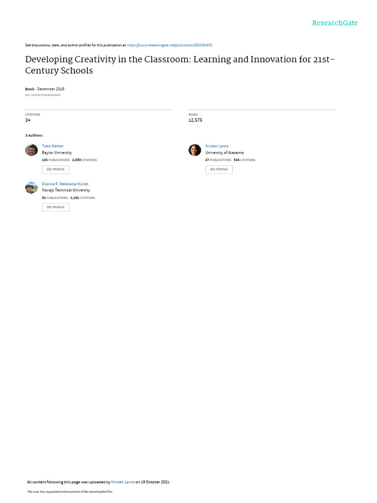 Developing Creativity in The Classroom Learning An | PDF