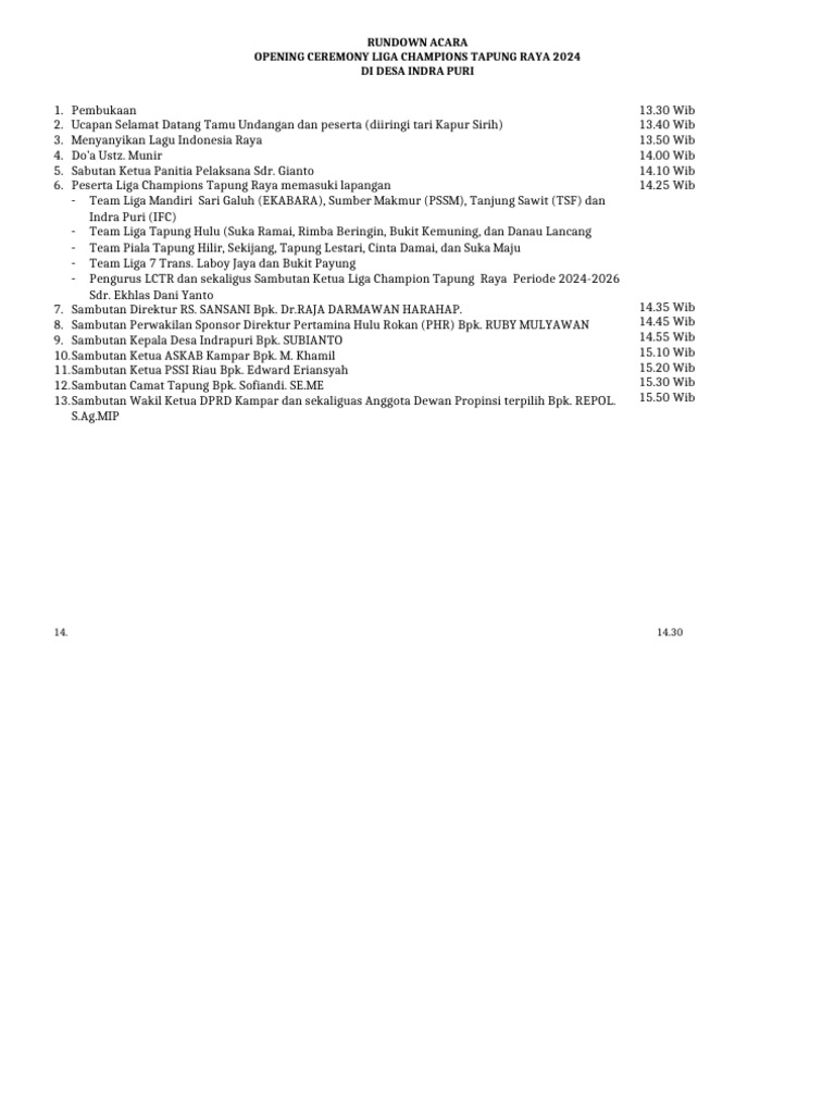 Rundown Acara Opening Ceremony Liga Champions Tapung Raya 2024 Di Desa ...