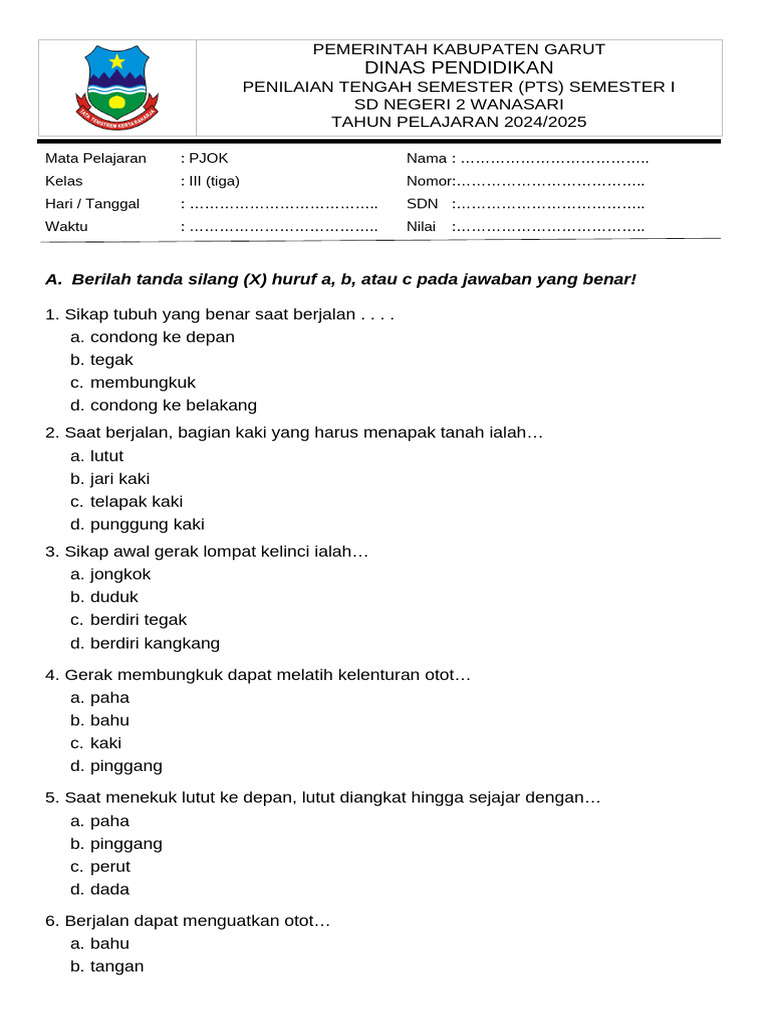 Kelas 3 Soal PTS PJOK Semester 1 | PDF