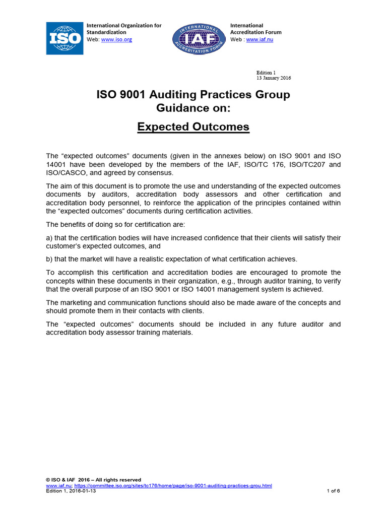 ISO TC 176 TF - APG 9001 ExpectedOutcomes | PDF