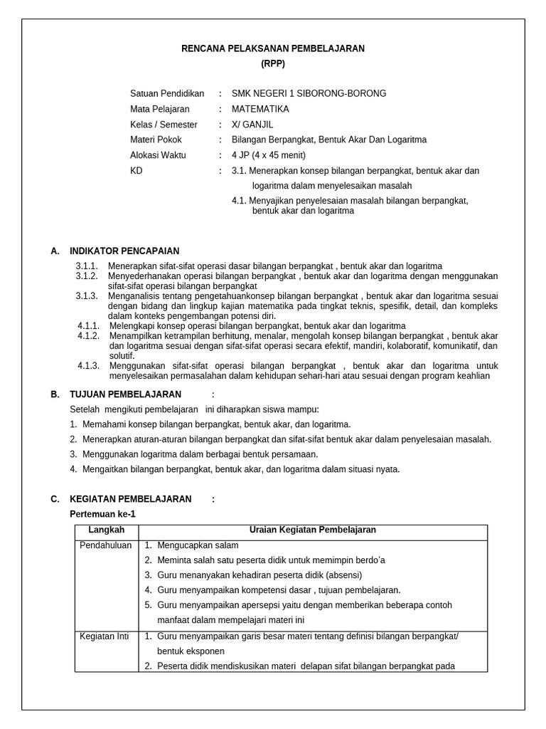 RPP MTK KELAS X KD 3 1 Bilangan Berpangkat Bentuk Akar Dan Logaritma 2 | PDF