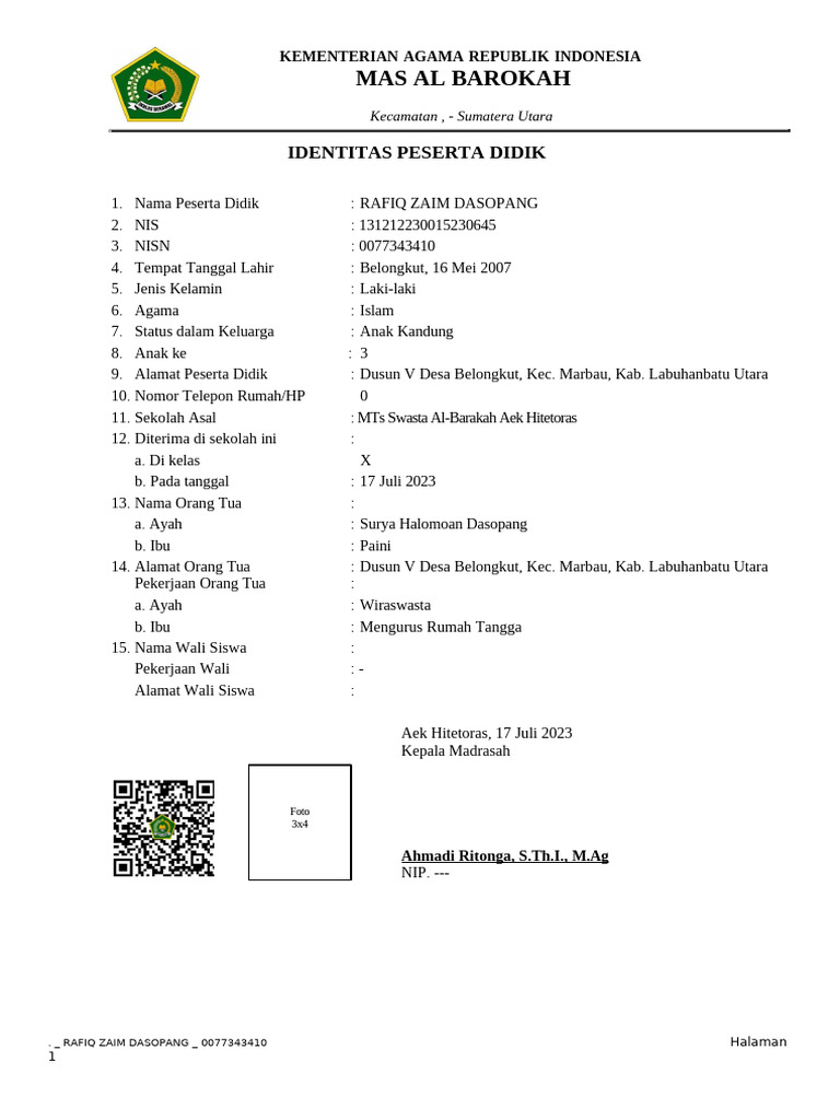Identitas Rapor | PDF
