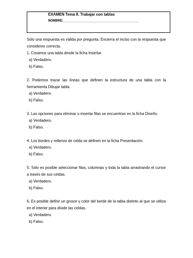 EXAMEN Tema 8. Trabajar Con Tablas | PDF