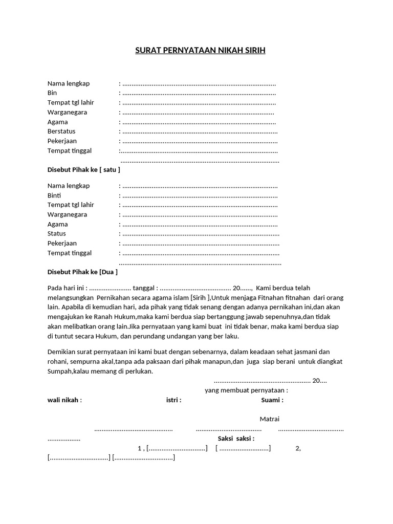 SURAT PERNYATAAN NIKAH SIRIH | PDF