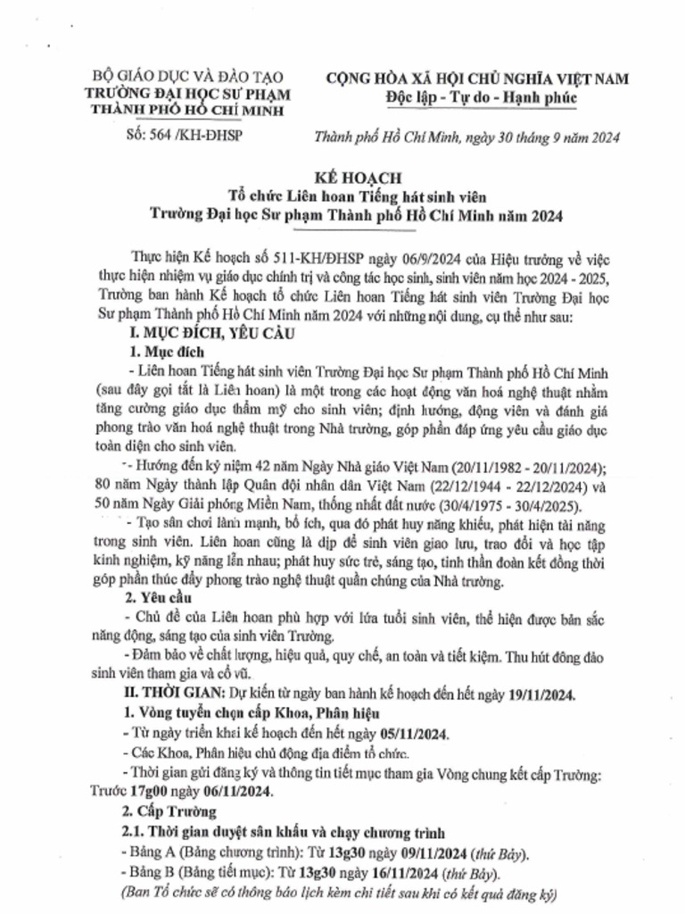 564 KH ĐHSP Liên Hoan THSV HCMUE Năm 2024 | PDF
