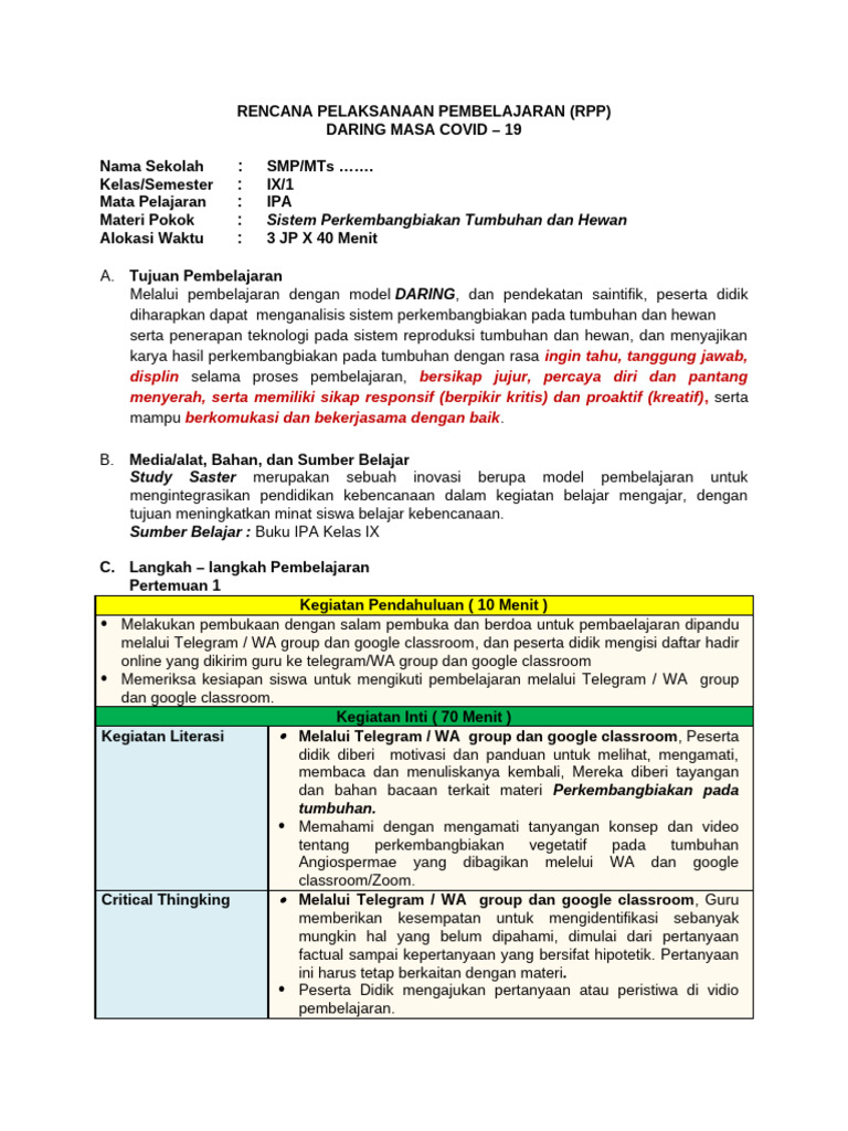 RPP Sistem Perkembangbiakan Tumbuhan Dan Hewan | PDF
