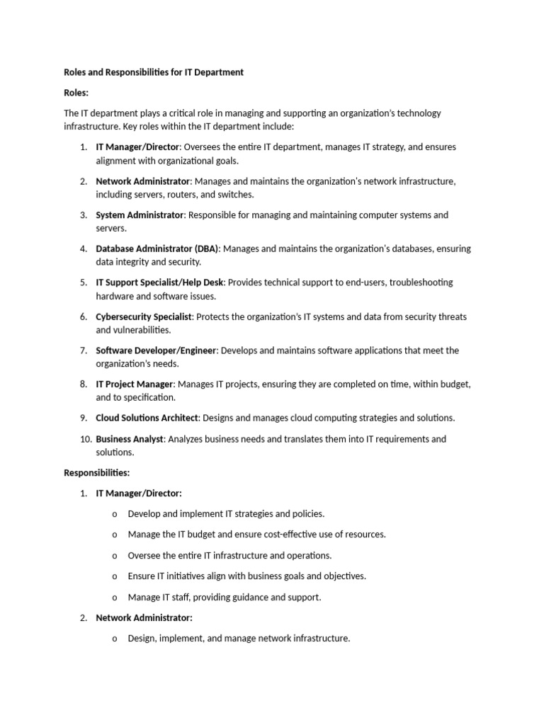 Roles and Responsibilities For IT Department | PDF