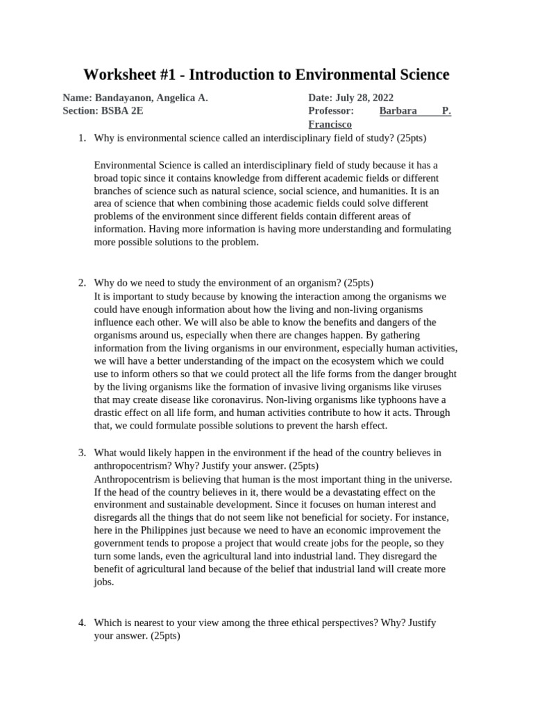 Worksheet 1 - Introduction To Environmental Science | PDF